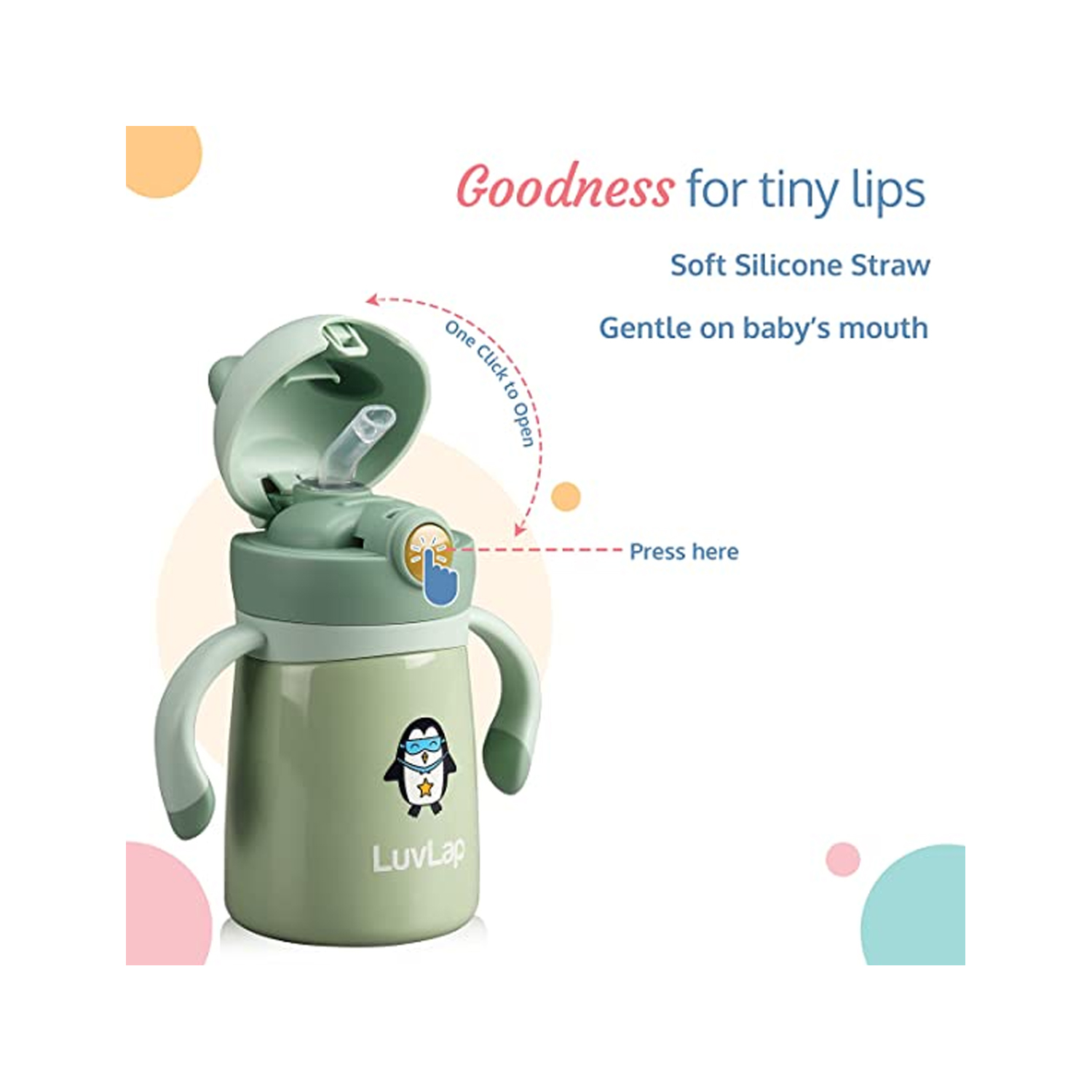 LuvLap Double Walled Steel Body Sipper Penguin (300 ml) Green